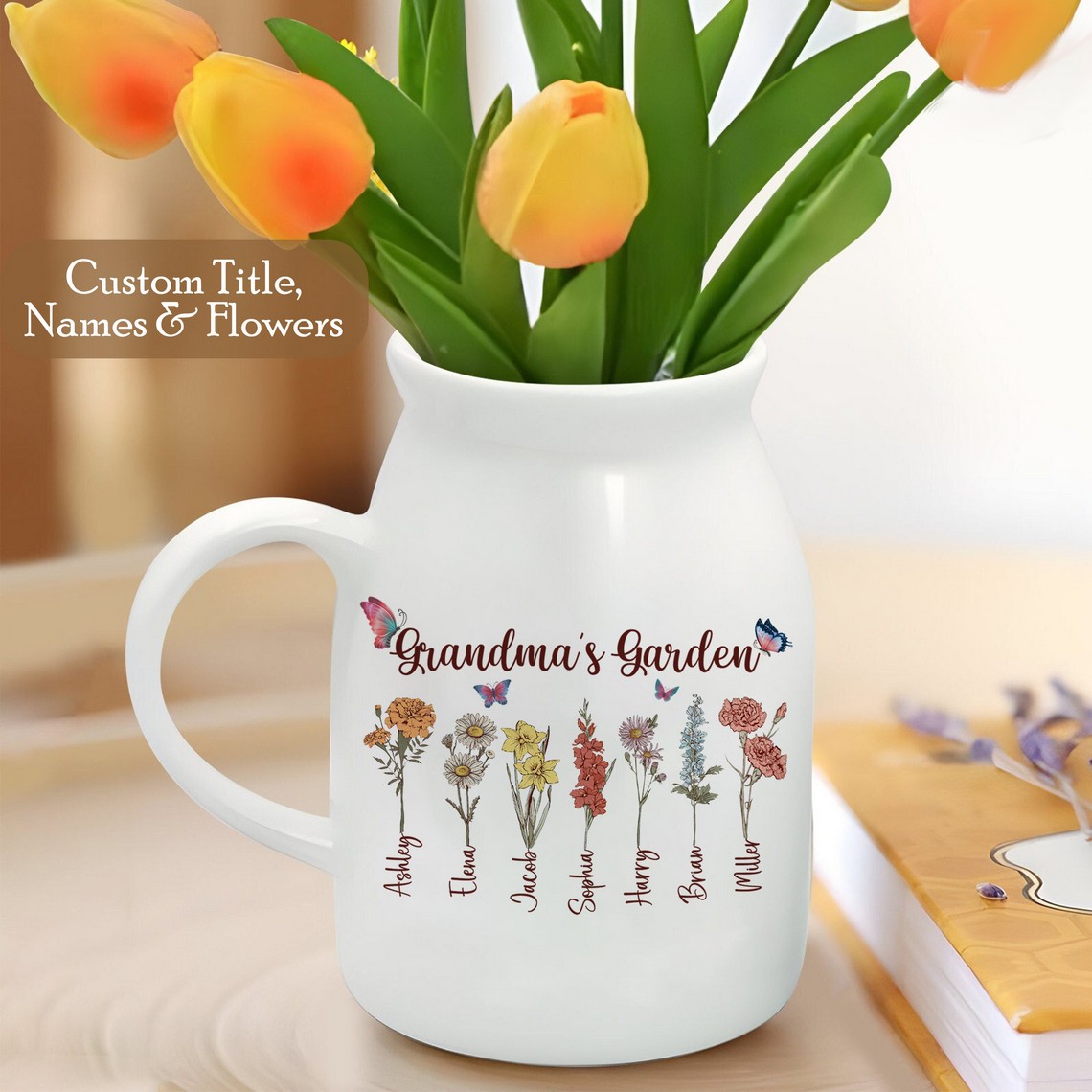 Custom Grandmas Garden Flower Vase Personalized Birth Month Flower